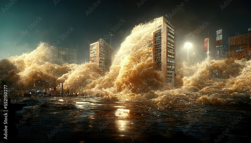 post apocalyptic city skyline being destroyed by a massive tidal wave ...