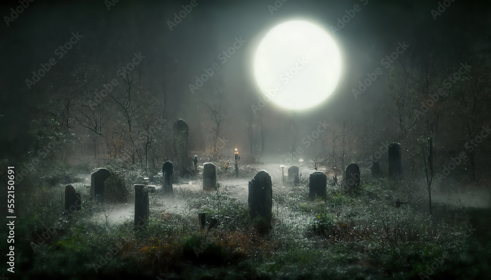 Spooky cemetery landscape with old tombstones and fog. Full moon spooky ...