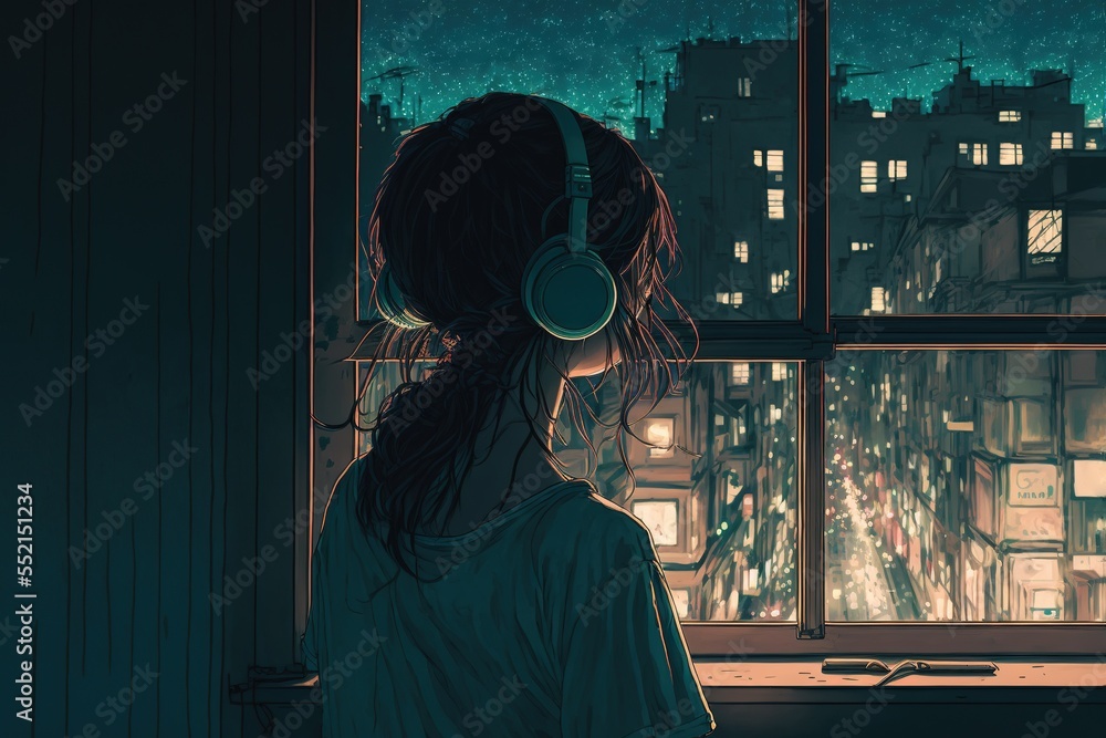 A young anime girl with headphones looking out the window at a bright ...