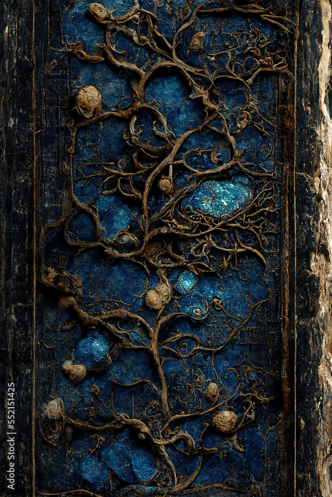 Old leather fantasy blue book with rough and warn out edges and ornate ...