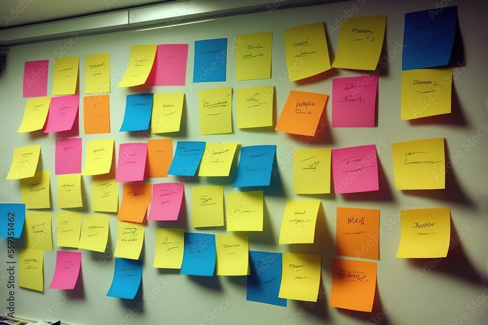 Colorful Post Its On A Whiteboard With Some Scribbles Stock