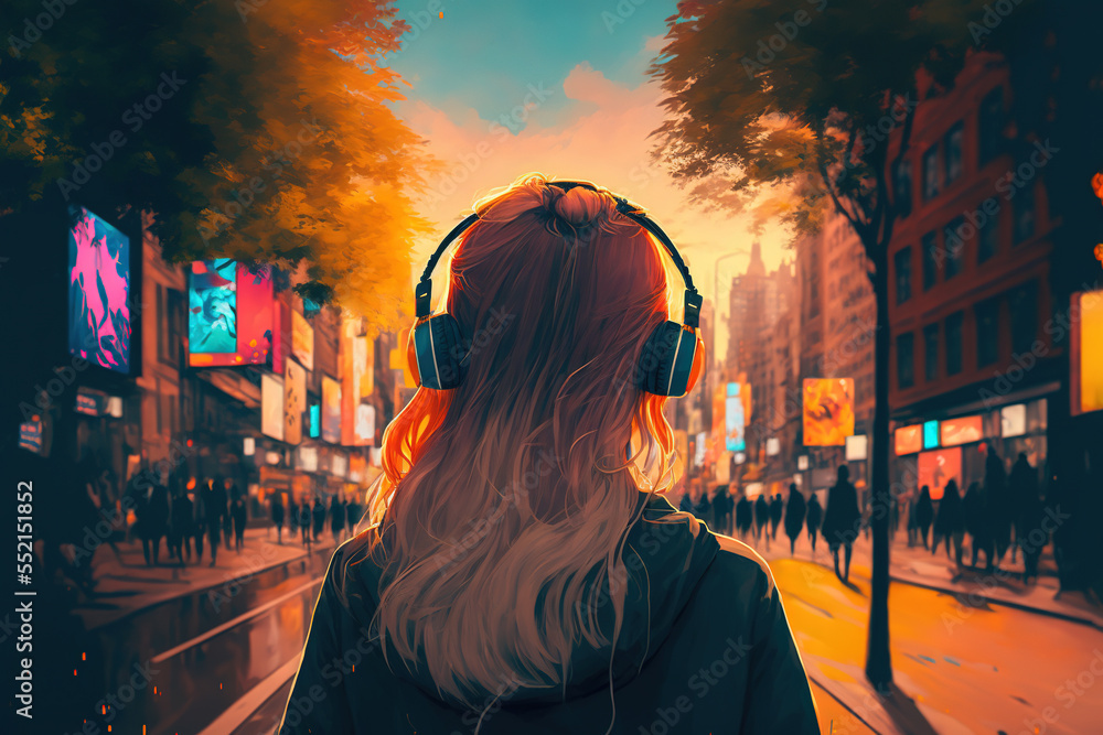 Anime girl listening to lofi hip hop music with headphones. Manga ...