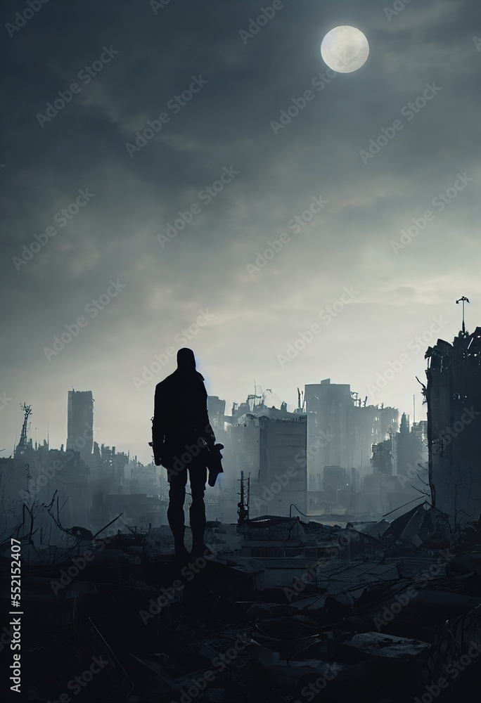 silhouette of a person overlooking a desolate post apocalyptic ruined ...