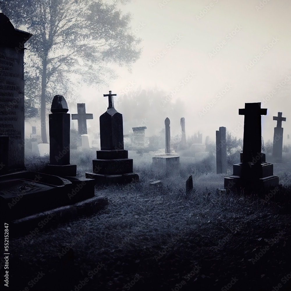 Spooky cemetery landscape with old tombstones and fog. Full moon spooky ...
