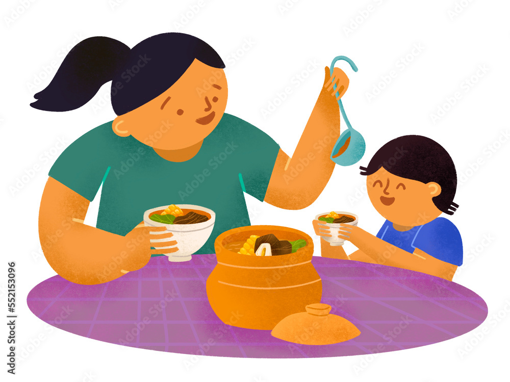 Filipino mother and son sharing bulalo in palayok Stock Illustration ...