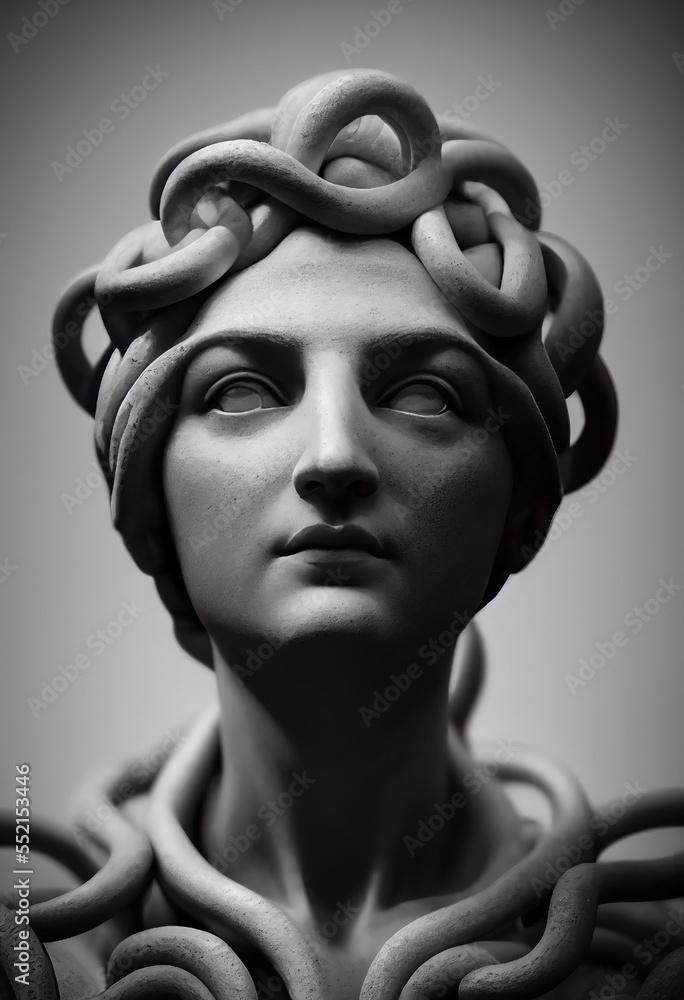 Stone medusa. Mythological creature. Monochromatic alien like demon ...