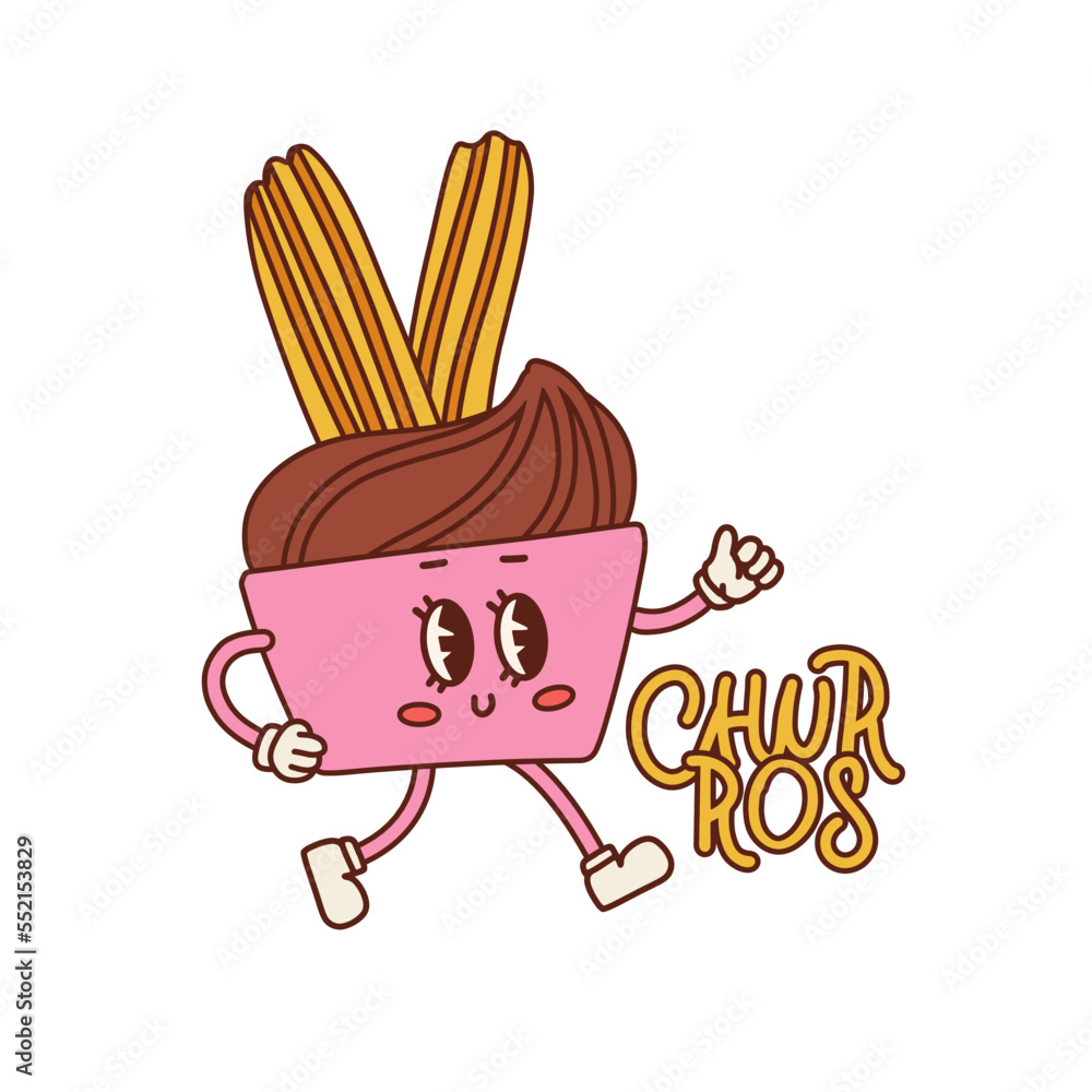 Vetor de Retro cartoon style churros character isolated. Chocolate dip ...