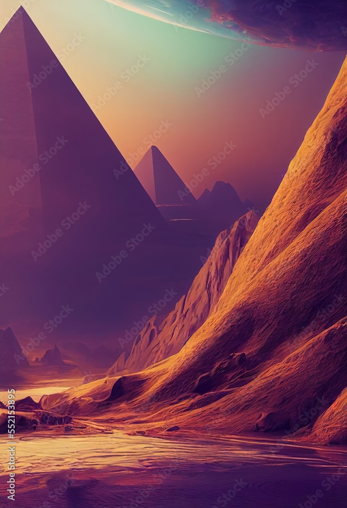 Pyramids of Egypt. Epic fantasy. Ancient ruins concept art. River ...