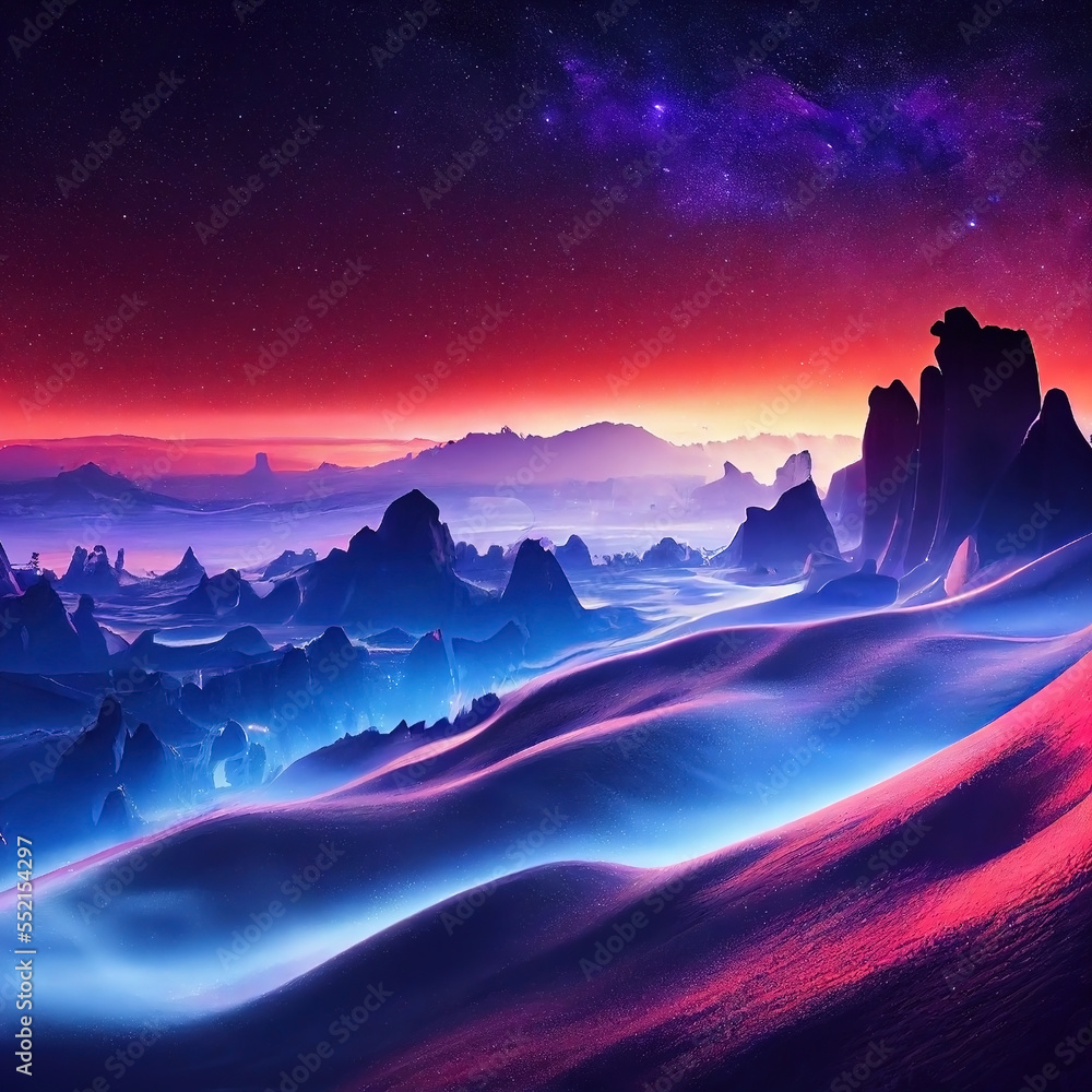A fantasy alien landscape with rocky peaks and vibrant colorful galaxy ...
