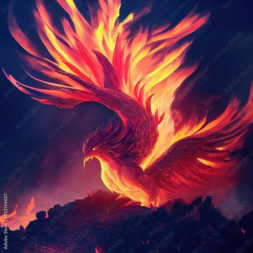 Phoenix raising from the ashes. An epic fiery bird glowing in the dark ...