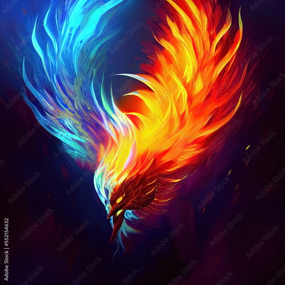 Phoenix raising from the ashes. An epic fiery bird glowing in the dark ...