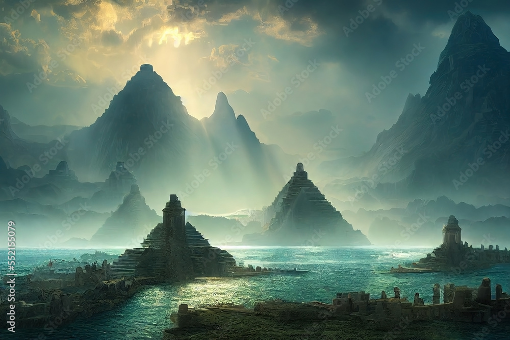 Lost city of Atlantis. Ancient city ruins. Water, ocean, sea ruins ...