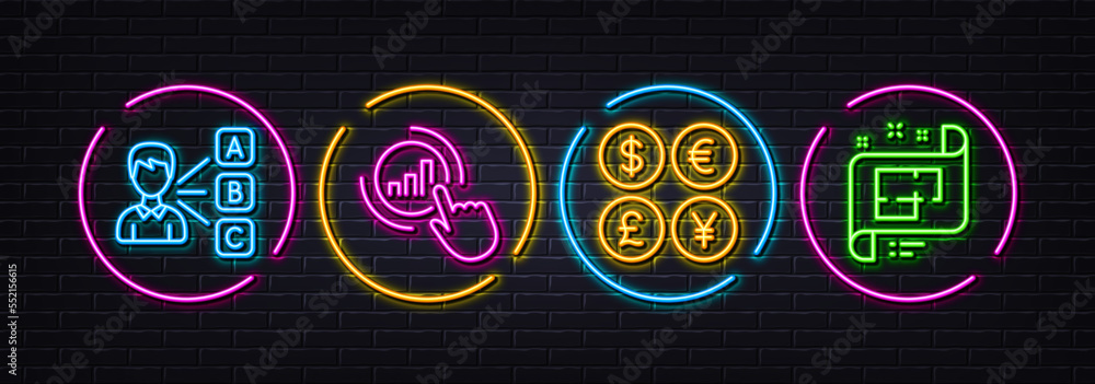 Opinion, Money currency and Graph chart minimal line icons. Neon laser 3d lights. Architectural ...