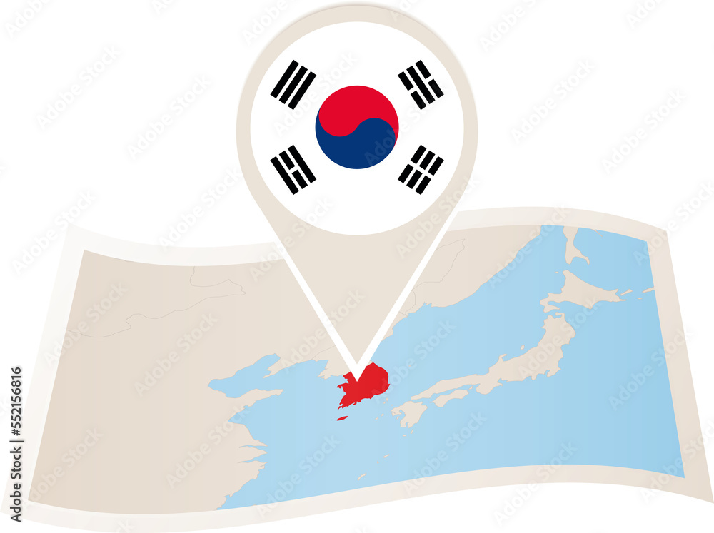 ภาพประกอบสต็อก Folded paper map of South Korea with flag pin of South ...