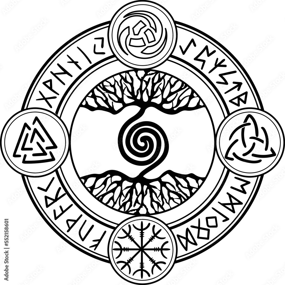 Yggdrasil, the tree of life. Vikings symbol Odin,with futhark runes ...