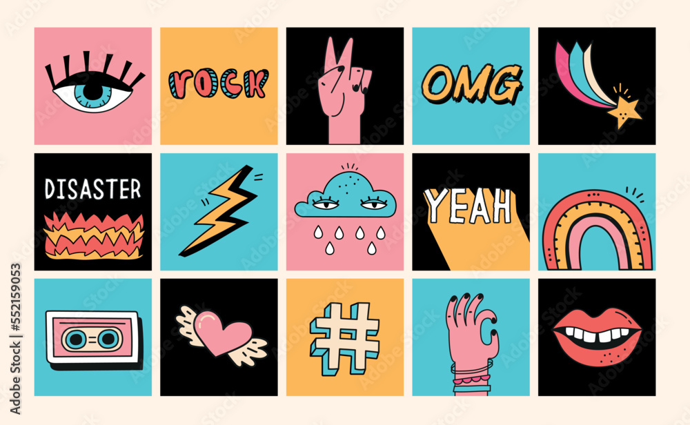 Doodles in squares set. Collection of stickers and posters in retro ...