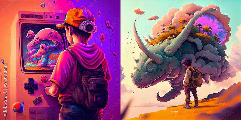 Boy playing in video game, surreal illustration space worlds, abstract ...