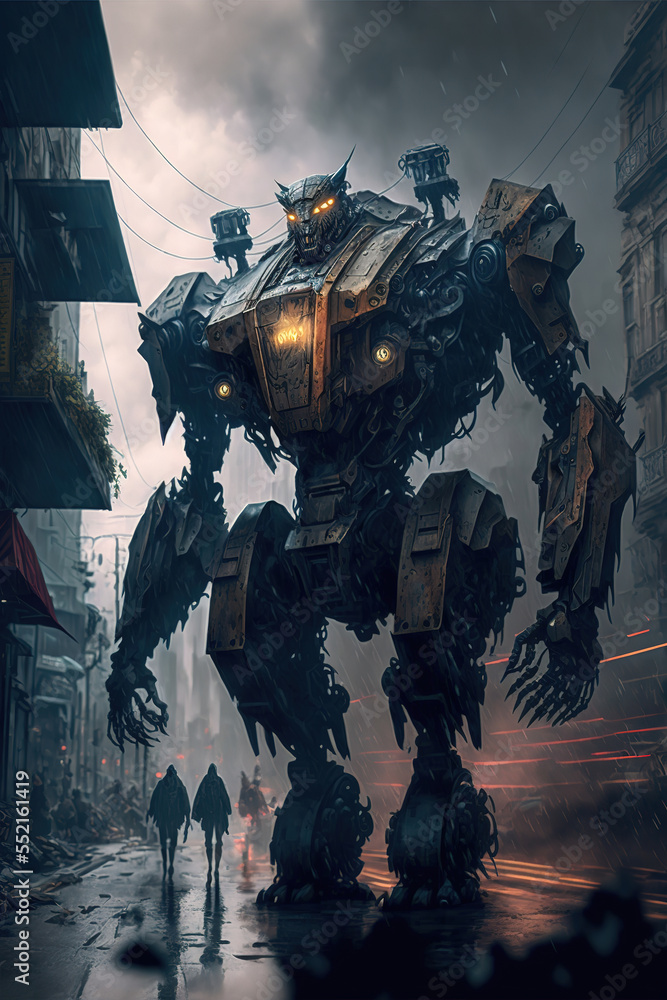 a battleworn mecha travelling through a destroyed city. Evil robot ...