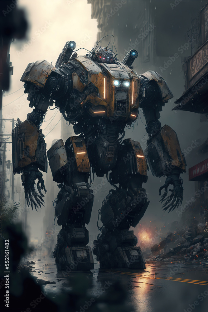 a battleworn mecha travelling through a destroyed city. Evil robot ...