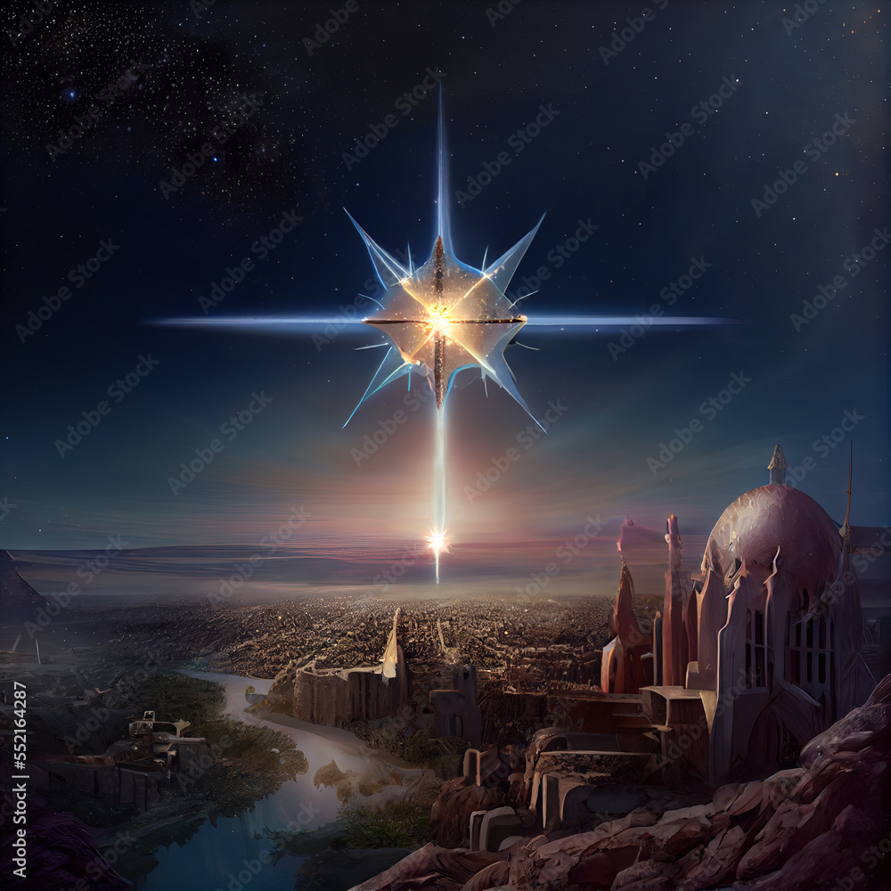 star of Bethlehem over ancient city, Nativity scene. Christian ...