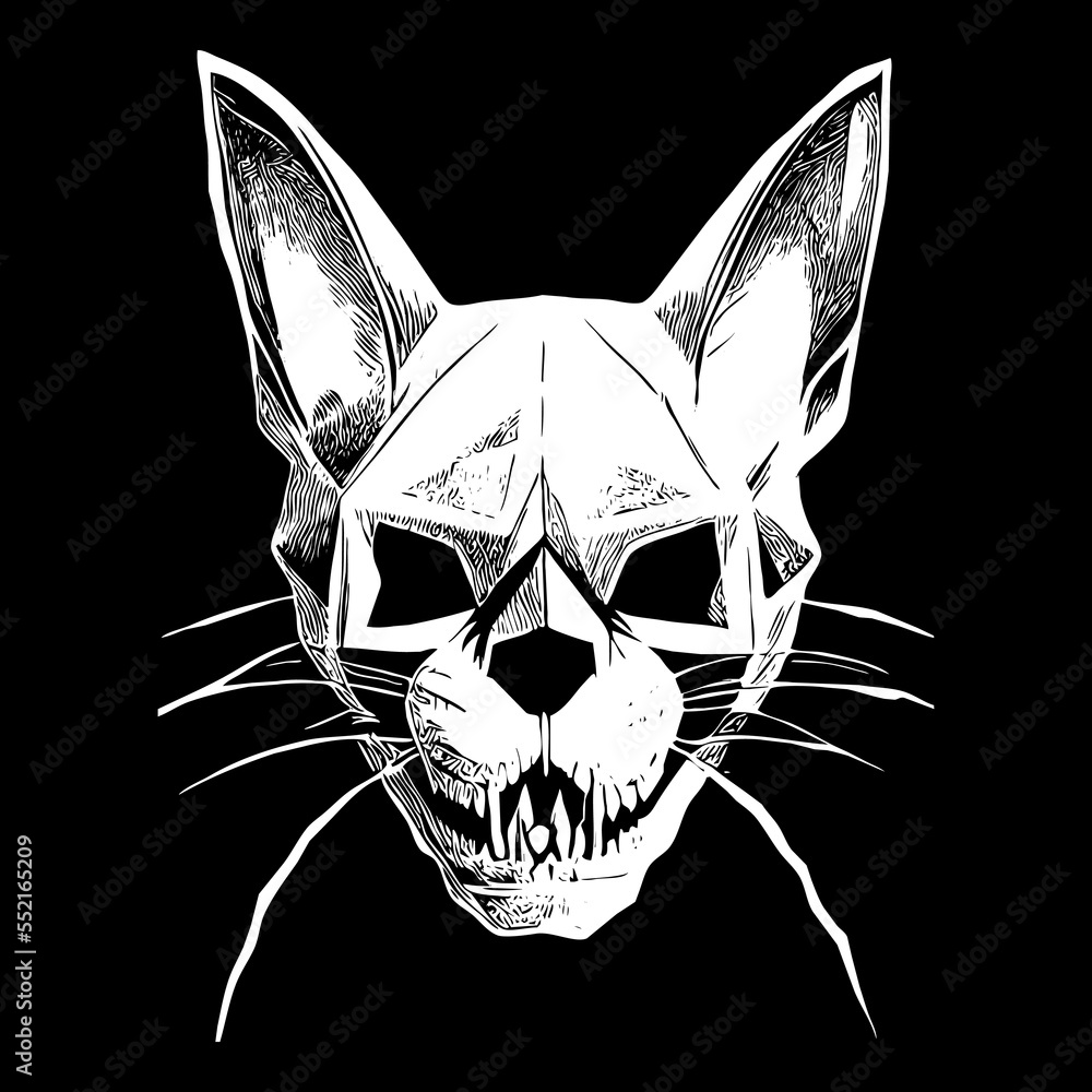 cat skull line drawing black and white, hand drawn vector picture Stock ...