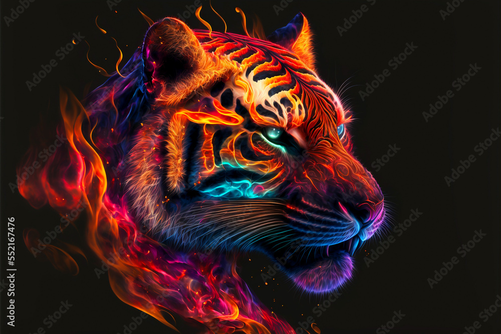 Tiger, the head of a tiger in a multi-colored flame. Abstract ...