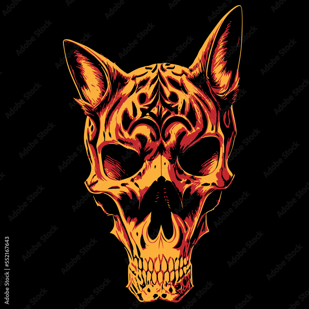 cat skull line art yellow and red, hand drawn vector picture Stock ...