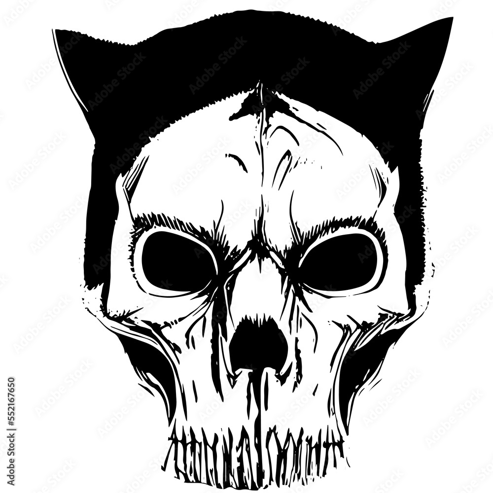 cat skull line art black and white, hand drawn vector picture Stock ...