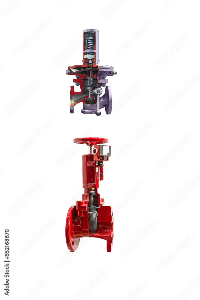 longitudinal and cross sections of small-sized gas valves isolated on ...
