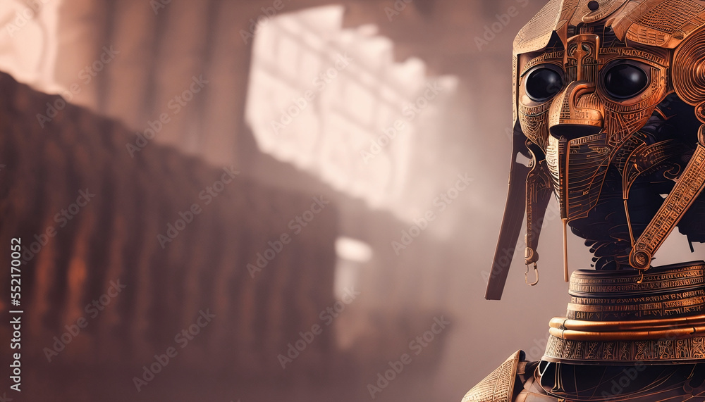 ace closeup of detailed futuristic egyptian robot in black gold armor ...