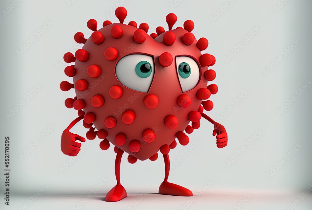 Cartoon covid 19 virus figure with a red heart against a white backdrop ...
