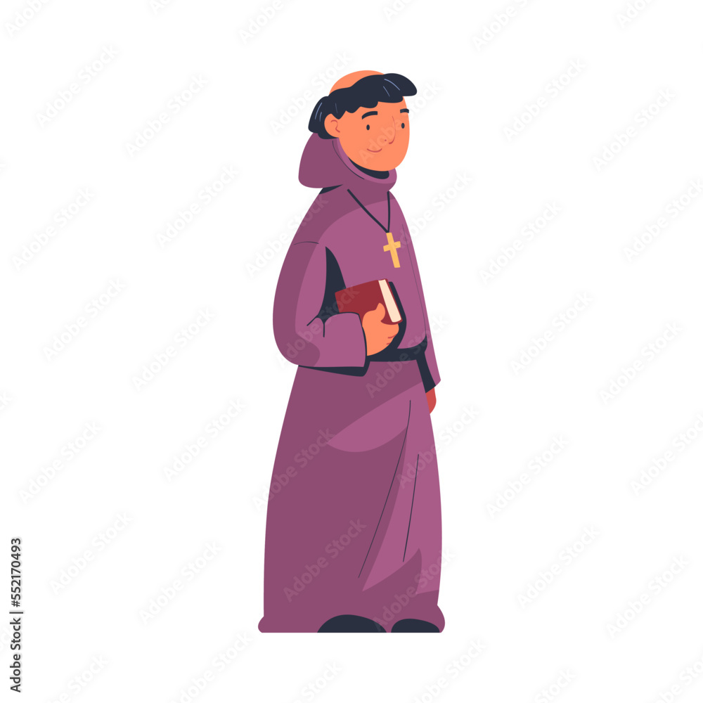 Vetor De Man Priest Or Monk From Middle Ages Wearing Hooded Gown With Cross Holding Bible Vector