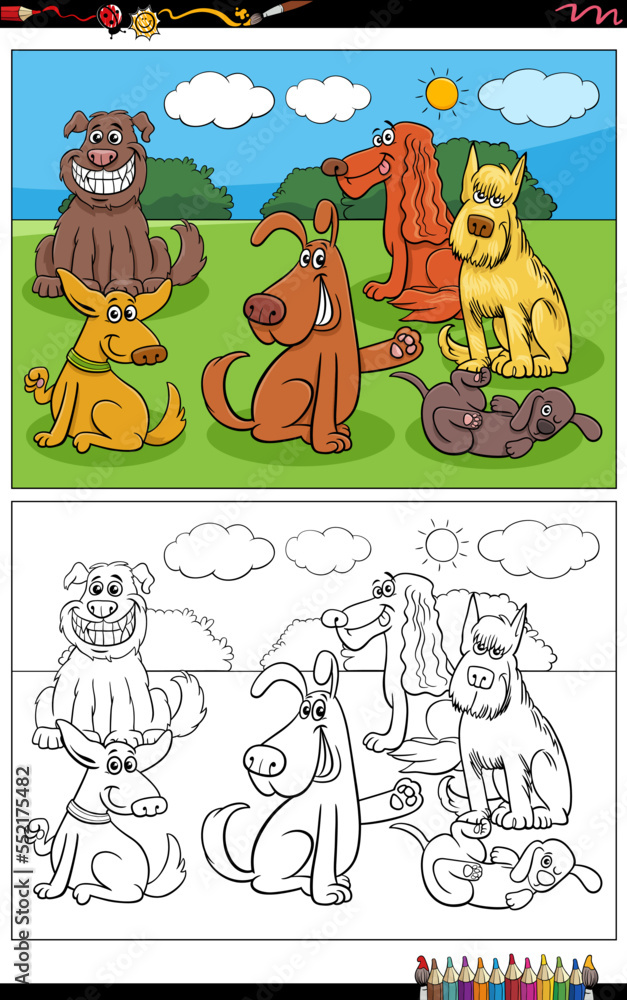 cartoon dogs animal characters group coloring page Stock Vector | Adobe ...