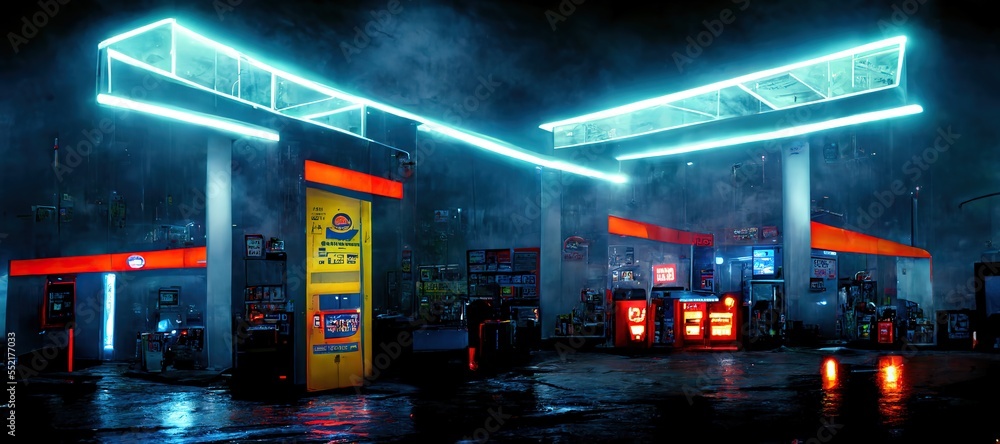 Futuristic gas station. Steampunk background. Sci-Fi, cyber-city style ...