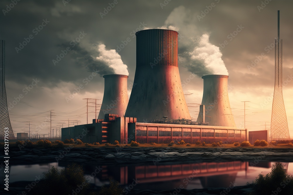 CHP building. Industrial production. Industry symbol. Cooling towers of ...