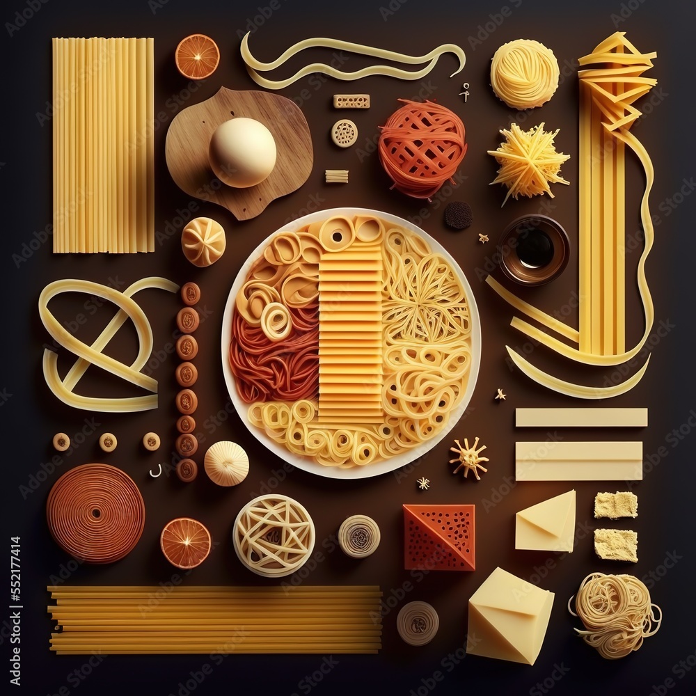 Variety of types and shapes of Italian pasta and other ingredients in ...