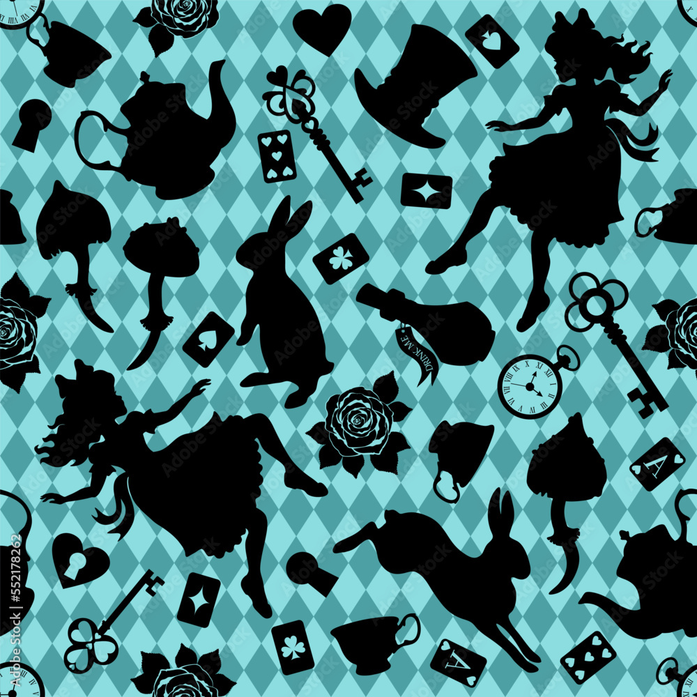 Wonderland seamless pattern. Black silhouettes Alice, rabbit, key, tea ...