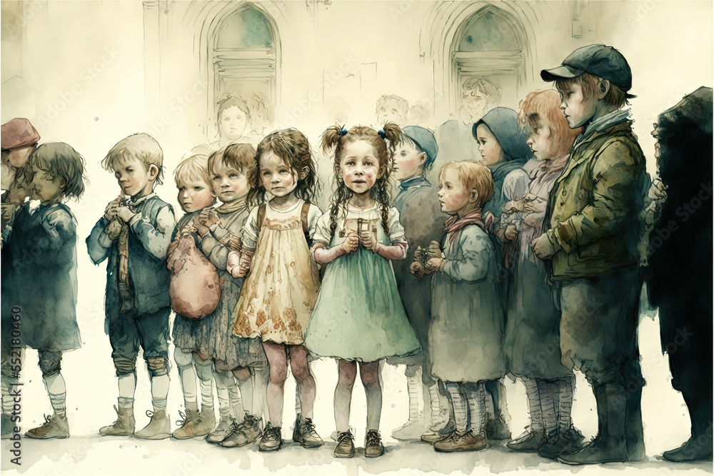 Fantasy digital watercolour illustration of a group of children in ...