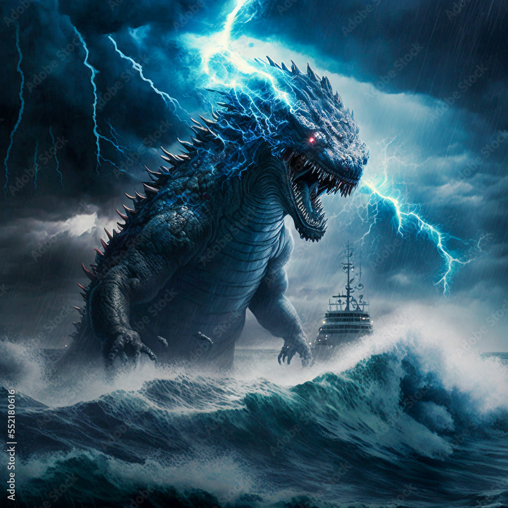 Intense kaiju like lizard monster in a violent ocean storm with thunder ...