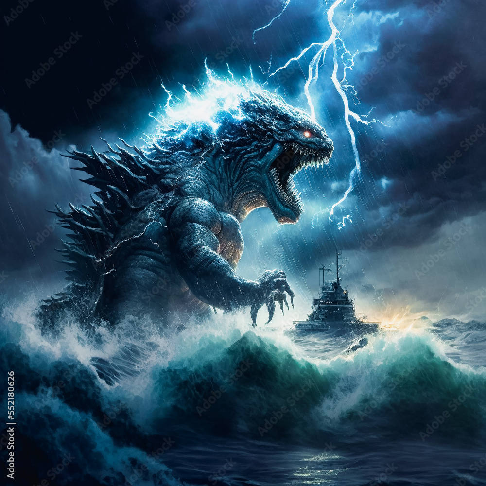 Intense kaiju like lizard monster in a violent ocean storm with thunder ...