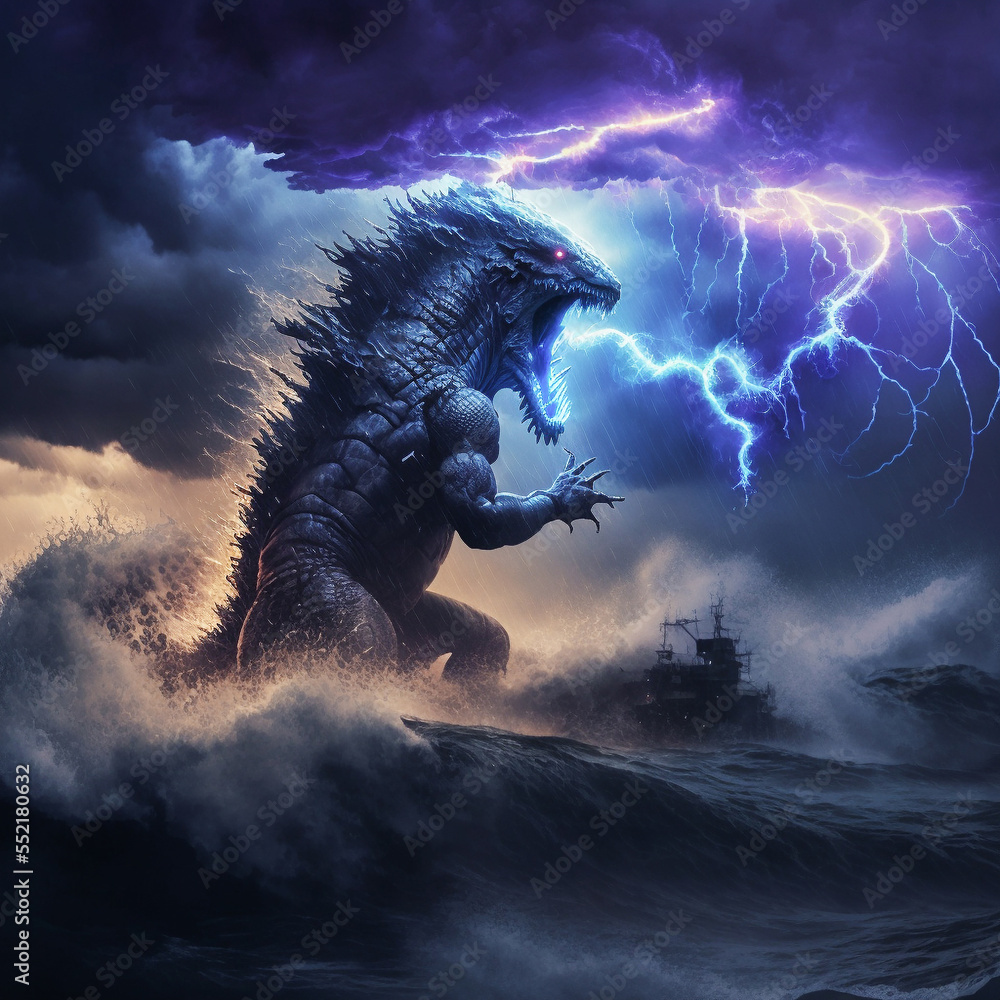 Intense kaiju like lizard monster in a violent ocean storm with thunder ...