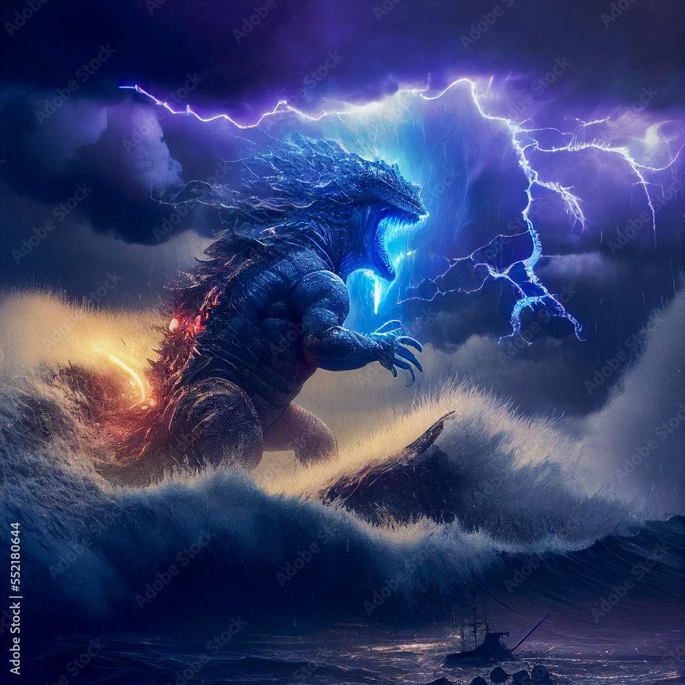 Intense kaiju like lizard monster in a violent ocean storm with thunder ...