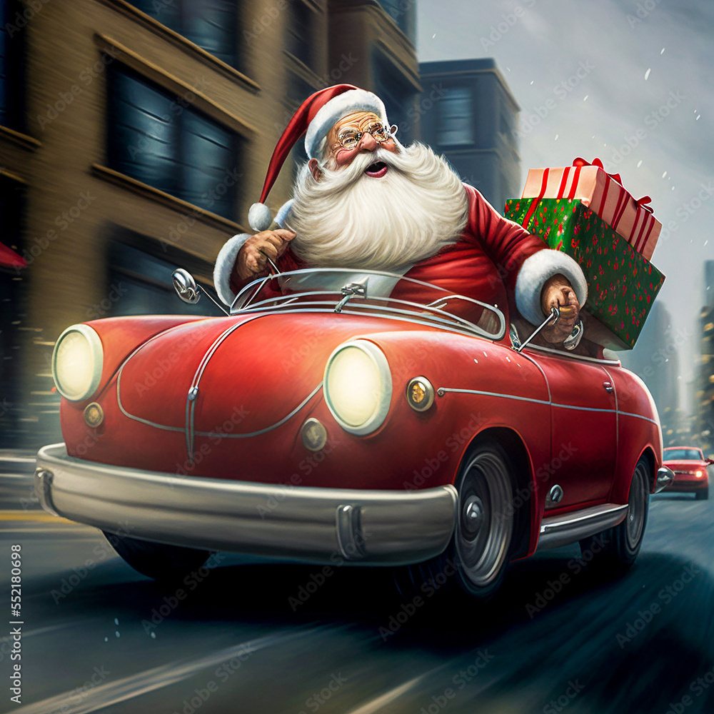 Santa Claus driving a small red car in the city delivering Christmas ...