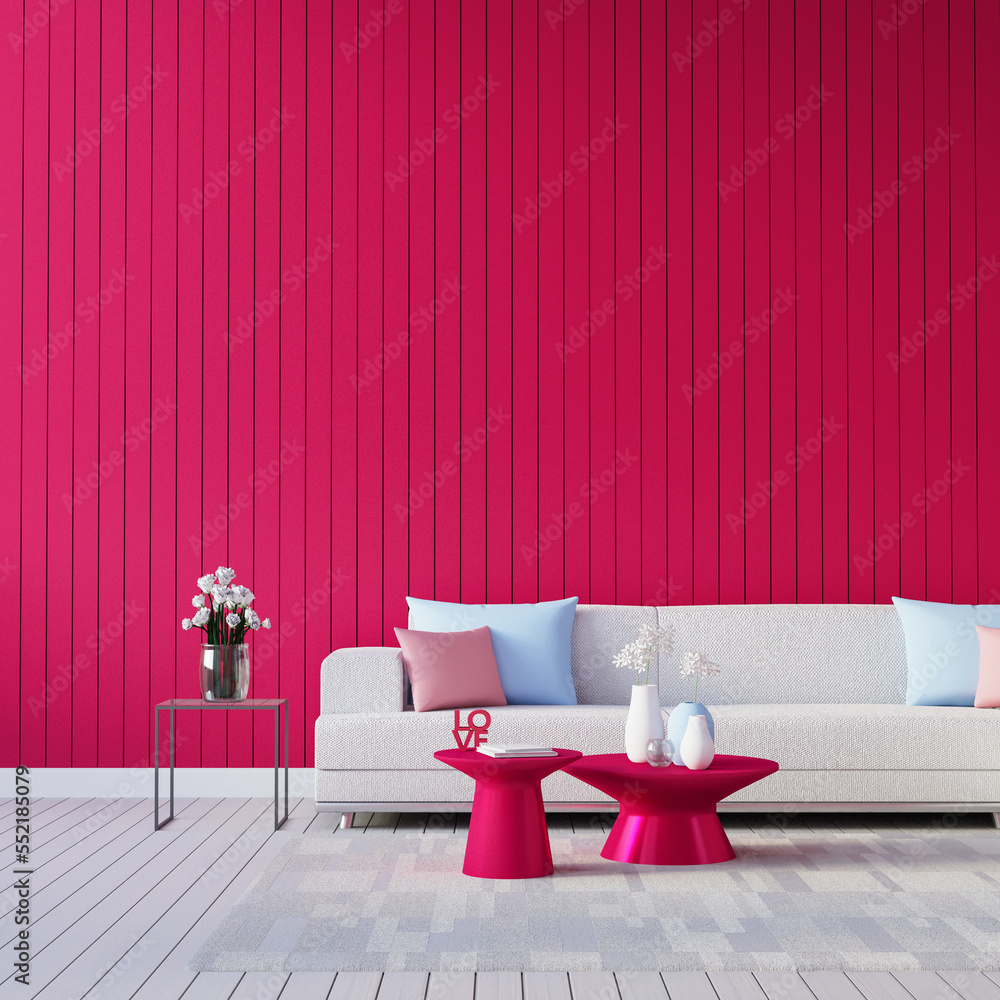 Viva Magenta red wall color of the year 2023 living room interior - 3D ...