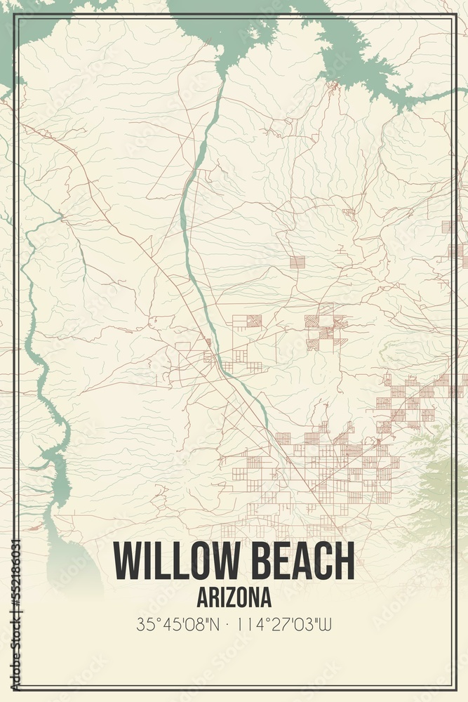 Retro US city map of Willow Beach, Arizona. Vintage street map. Stock ...