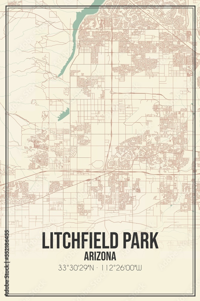 Retro US city map of Litchfield Park, Arizona. Vintage street map ...