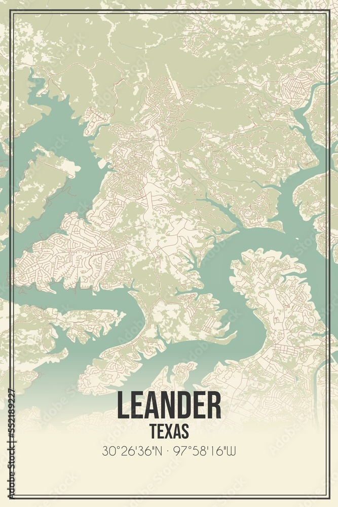 Poster Retro US city map of Leander, Texas. Vintage street map. – Wall ...