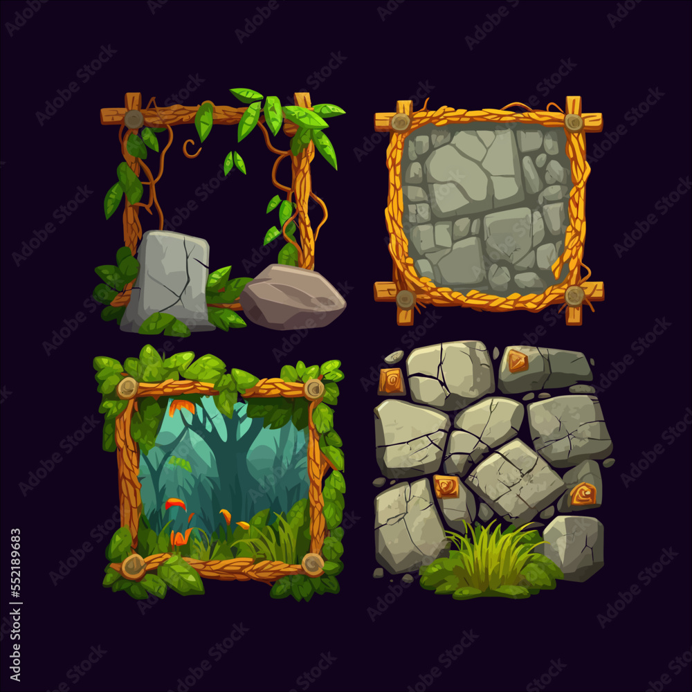 Stone frames for game user. Flat cartoon illustration isolated on black ...