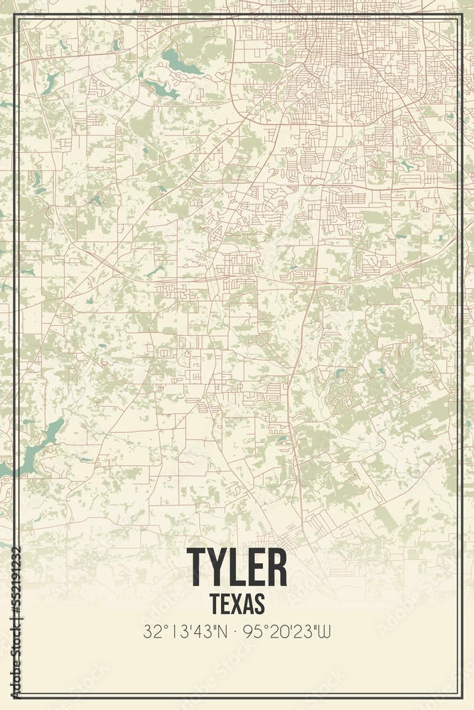 Poster Retro US city map of Tyler, Texas. Vintage street map. – Wall ...