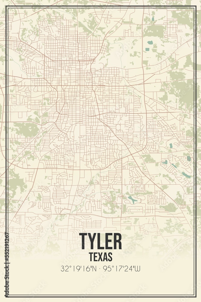 Poster Retro US city map of Tyler, Texas. Vintage street map. – Wall ...